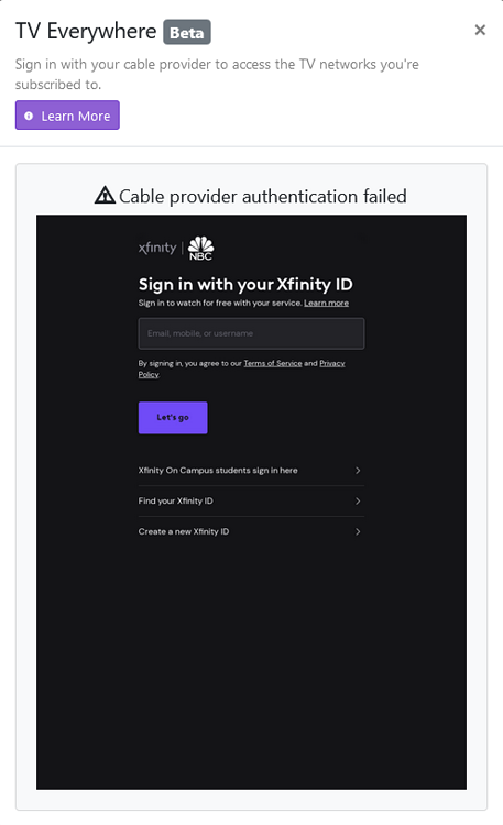 Xfinity TVE failing to auth - TV Everywhere - Channels Community